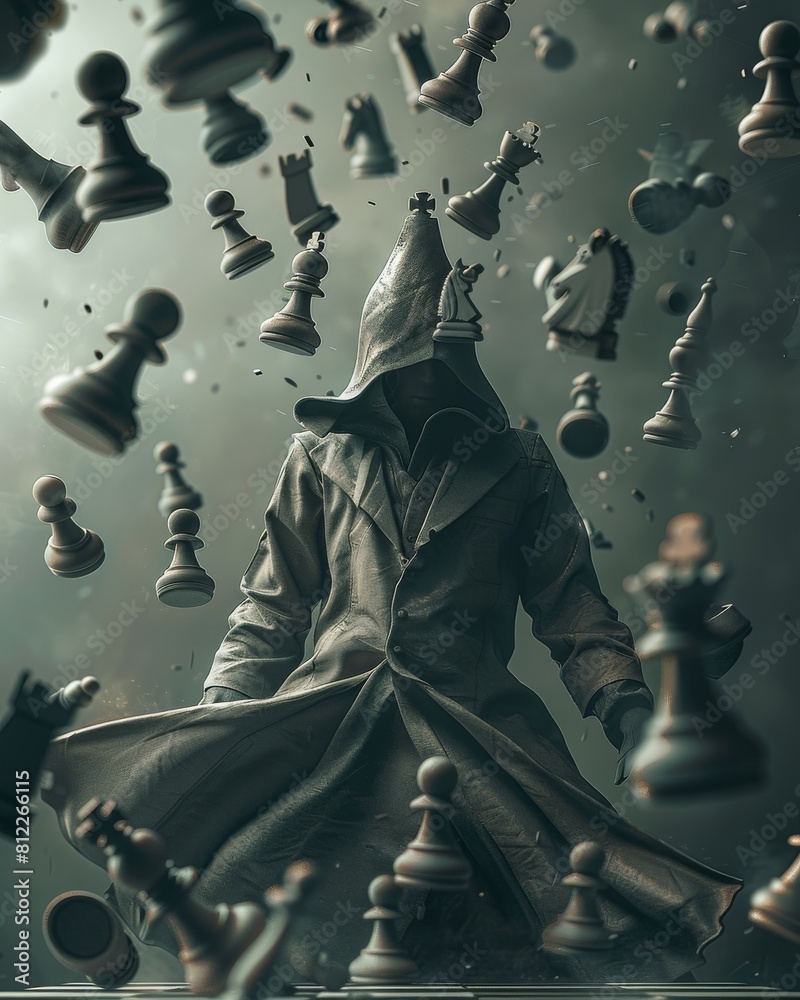 An enigmatic figure shrouded in a cloak stands amidst a chaotic cascade ...