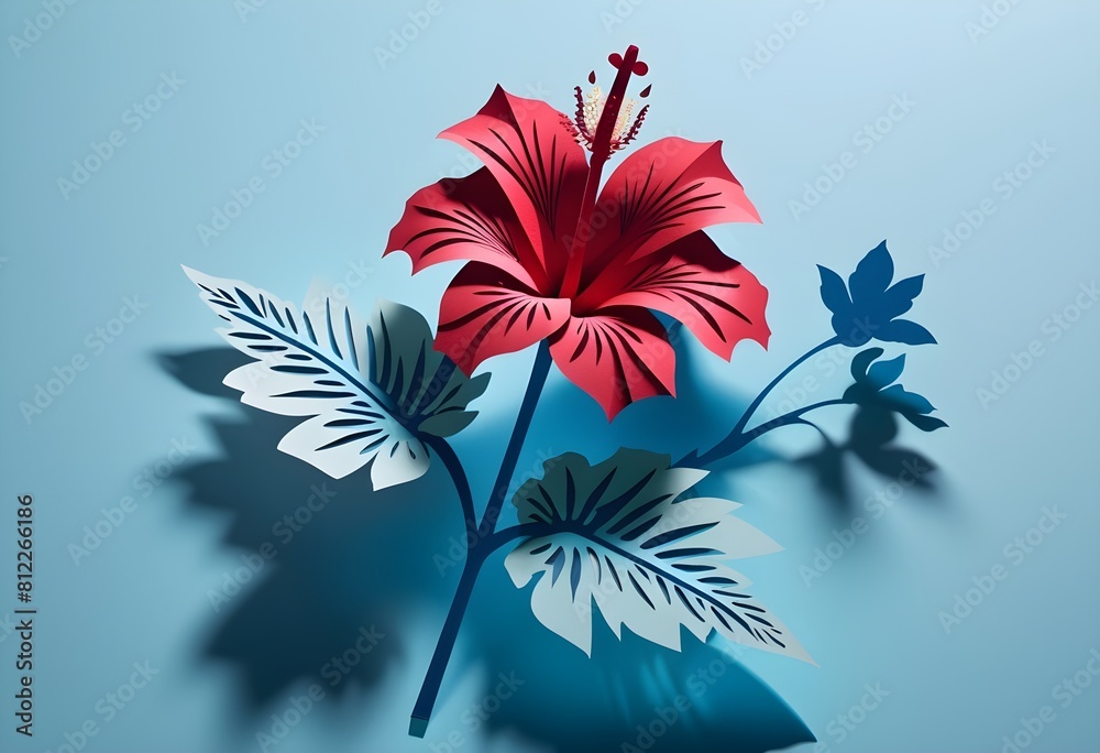 Realistic, high-contrast paper-cut red hibiscus flower vail with ...