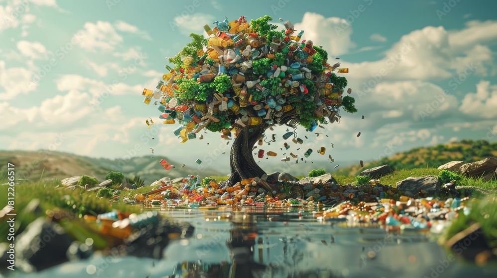 A vibrant tree amidst a sea of colorful plastic waste reflects on the ...