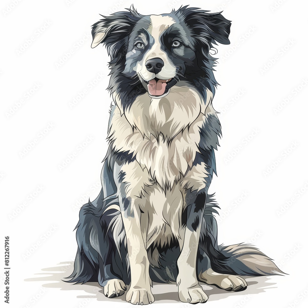 Blue-eyed border collie sitting in cartoon sketch style on white ...