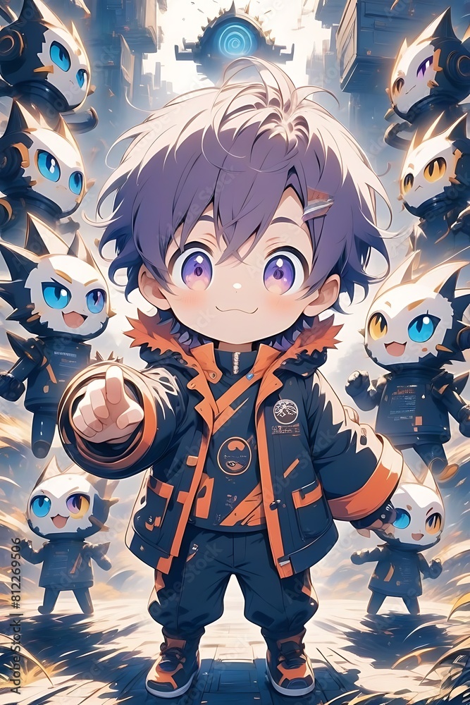 A confident anime boy with spiky purple hair and a cybernetic eye ...