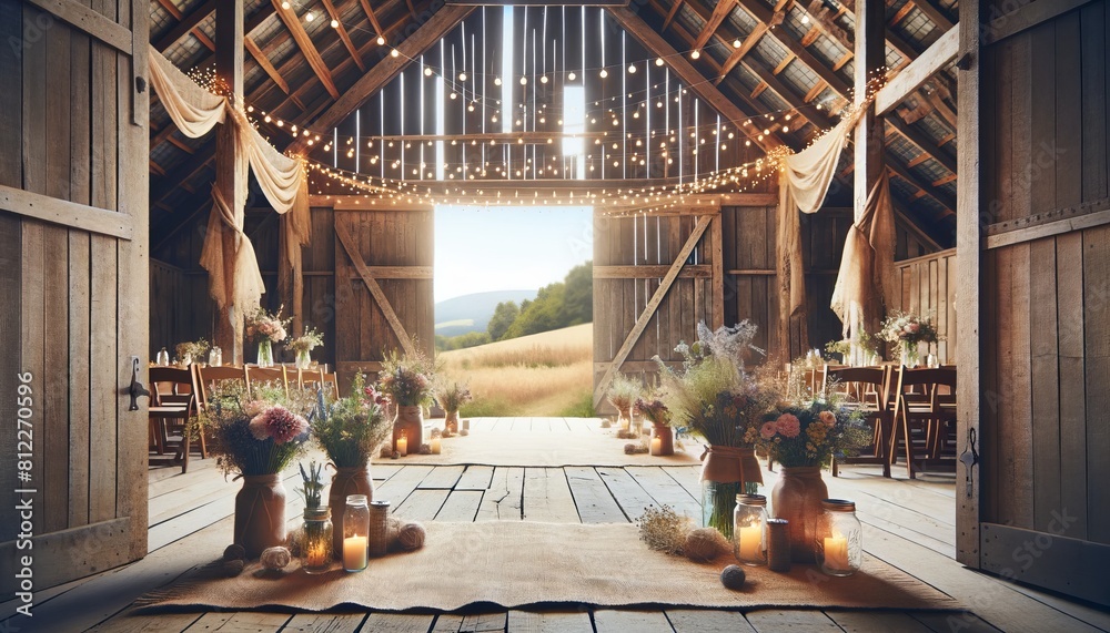 Rustic barn wedding venue. Wedding background with free space for text ...