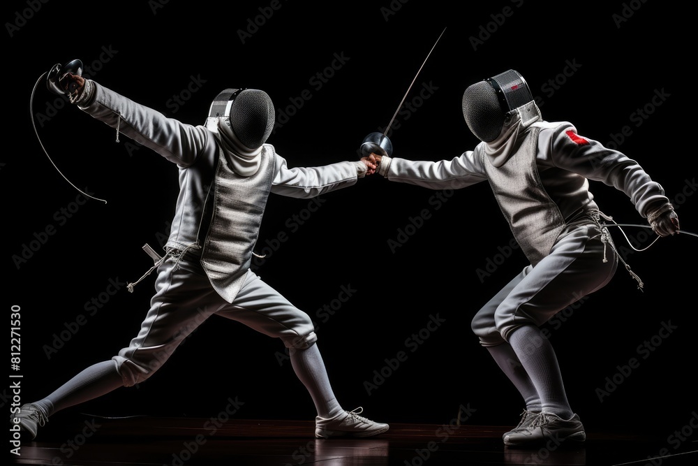 Intense fencing sword match on a black background, sword between two ...