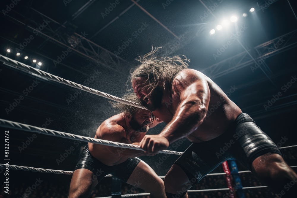 Two wrestlers grappling in a wrestling ring, showcasing their strength ...