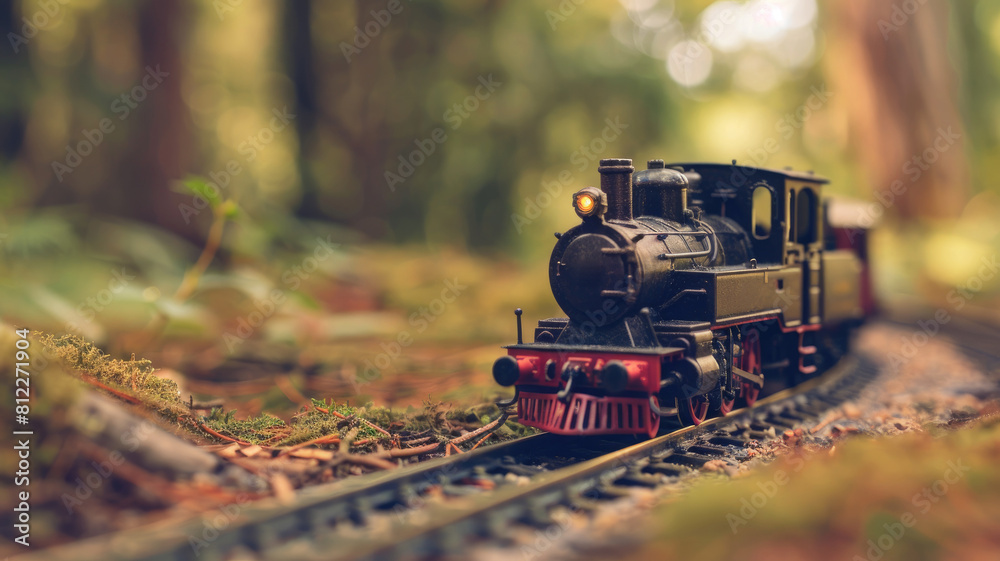 Miniature steam locomotive on model tracks in forest setting with ...