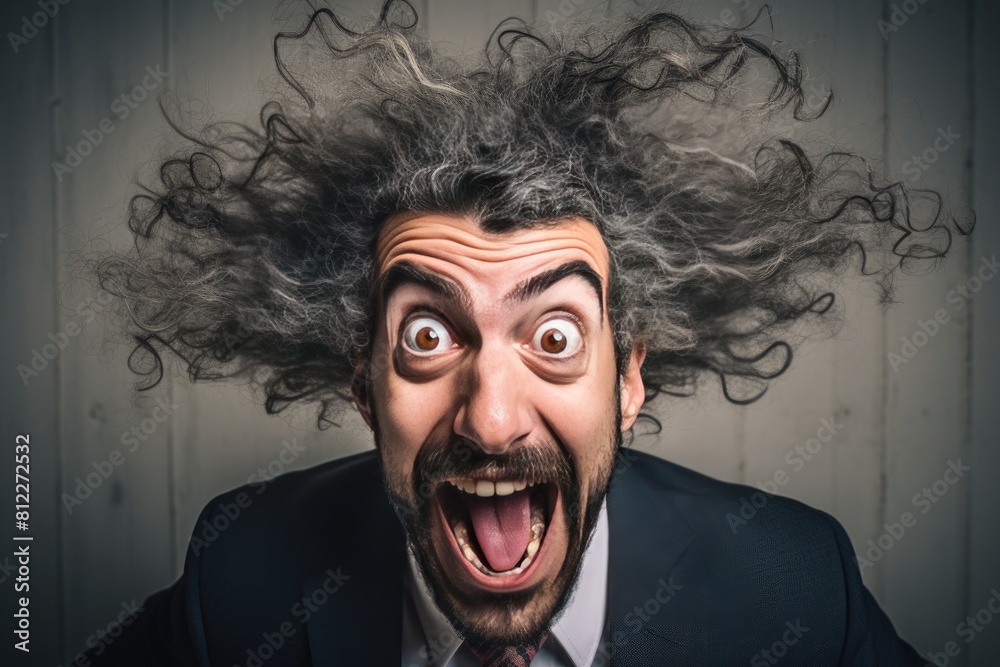 Elderly funny man funny hair and a silly face, Senior with beard and eye making a goofy ...
