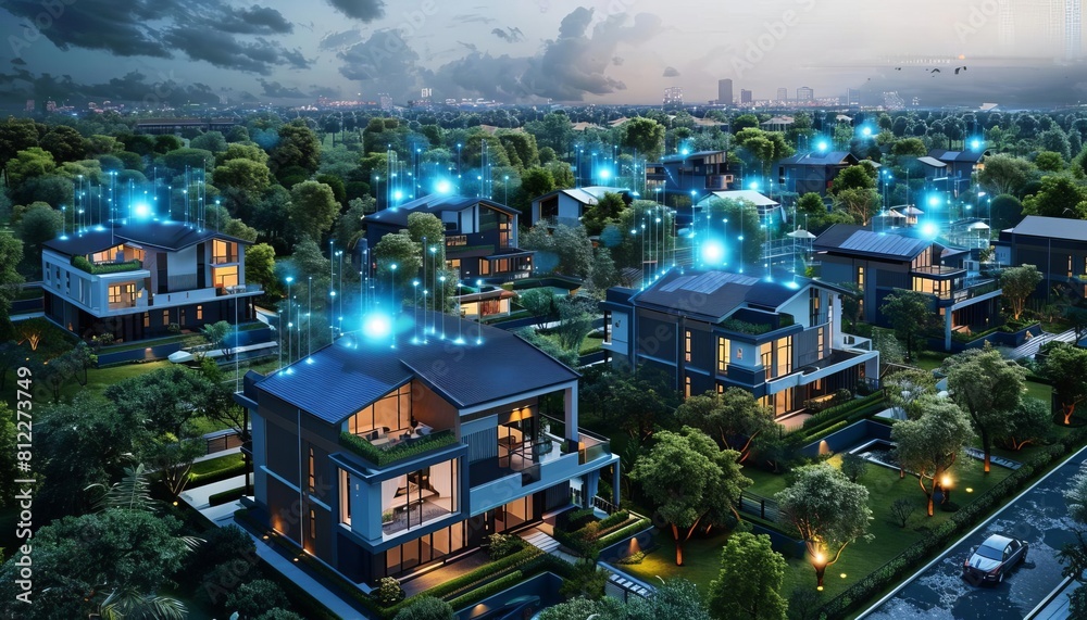 Conceptualize a residential area in a smart city with homes connected ...