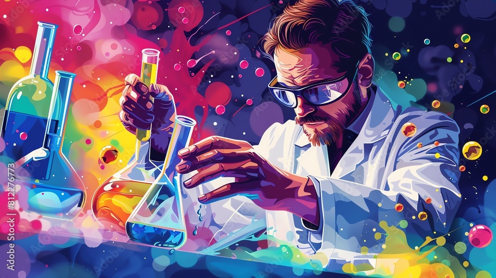 Dynamic vector illustration of a chemist conducting a colorful ...