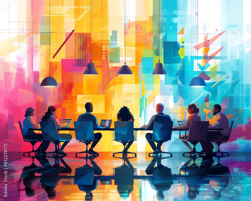 Detailed vector illustration of a multinational business team around a ...