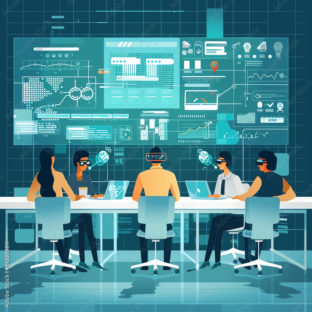 Flat vector of a team using augmented reality for brainstorming ...