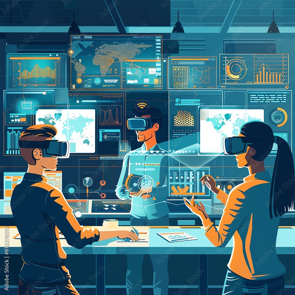 Flat vector of a team using augmented reality for brainstorming ...