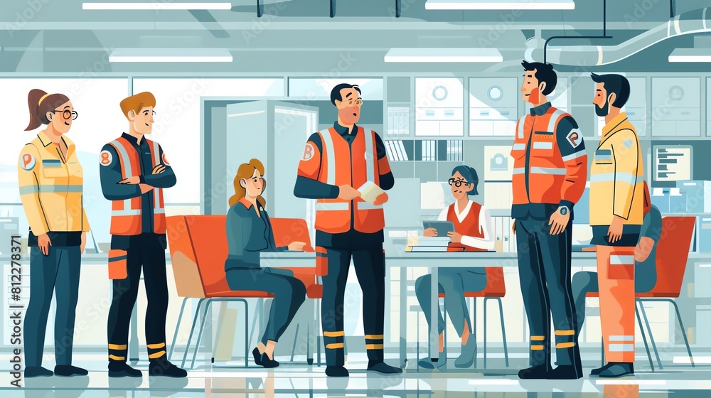 Emergency response team in a strategic meeting, flat vector showing ...