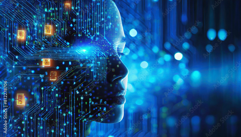 3d Illustration of anatomy human face with digital circuit technology ...