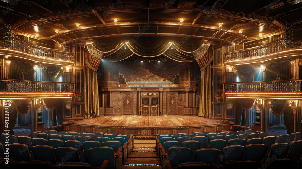 Inside classic vintage theatre, interior of old wooden theater ...