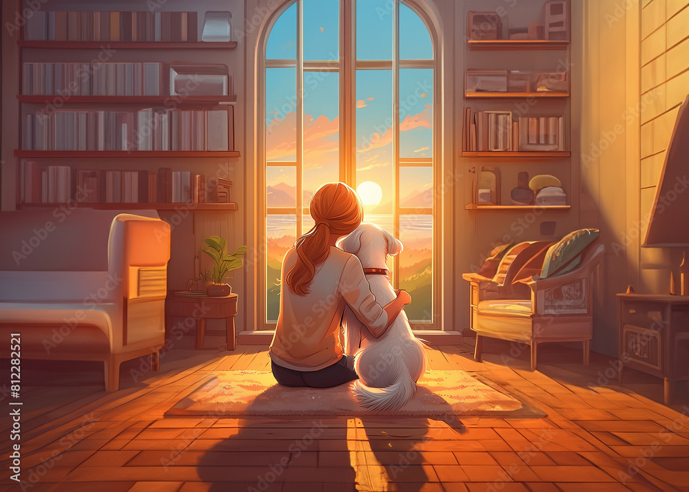 Cute Woman Girl Hugging a Dog Comfy Cozy Environment Home Apartment ...