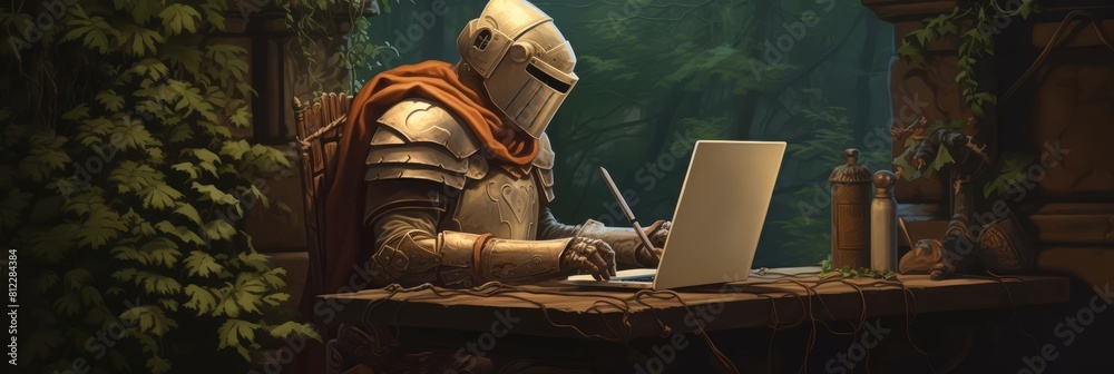 Visualize a medieval knight coding on an ancient stone laptop in a ...