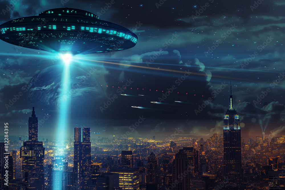 Alien UFO attacking a city with laser shots, a thrilling sci-fi ...
