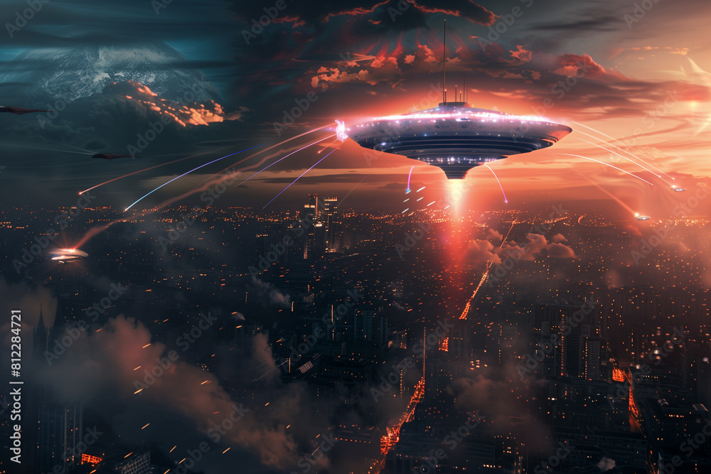 Alien UFO attacking a city with laser shots, capturing the chaos and ...