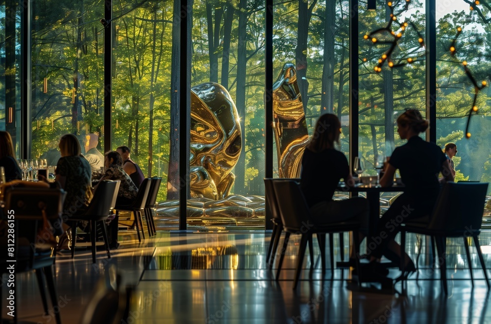 Realistic indoor color photograph of people seen in silhouette in a ...