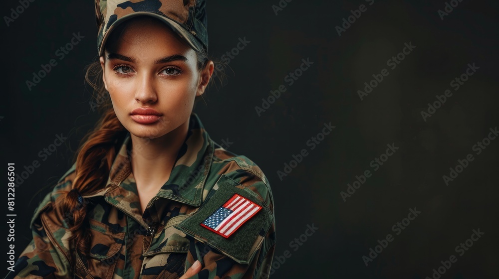 Fearless young servicewoman in a camouflage military outfit with the US ...