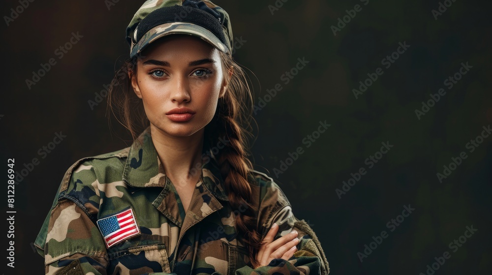 Fearless young servicewoman in a camouflage military outfit with the US ...