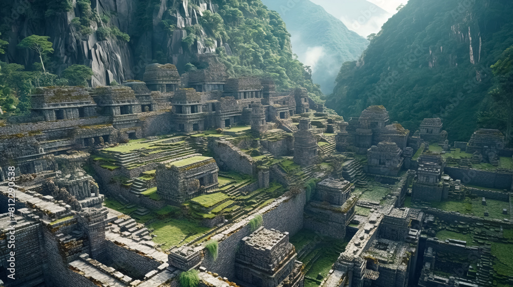 Inca city ruins in mountains, old stone temples and houses in jungle ...