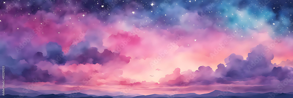 Watercolor sky with clouds and stars, dreamy, soft blue purple and pink ...
