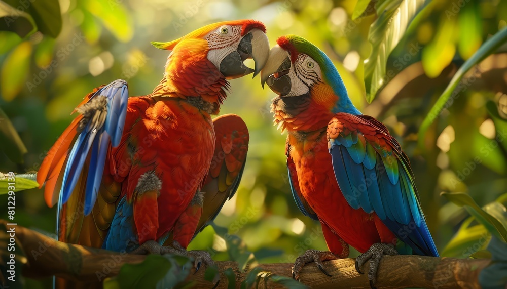 Exhibit a pair of macaw parrots engaging in a playful display of ...