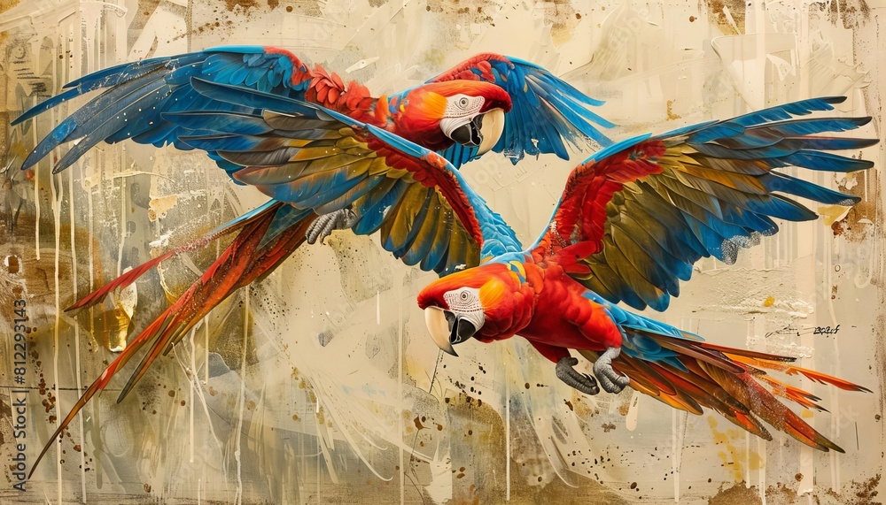 Foto de Exhibit a pair of macaw parrots engaging in a playful display ...