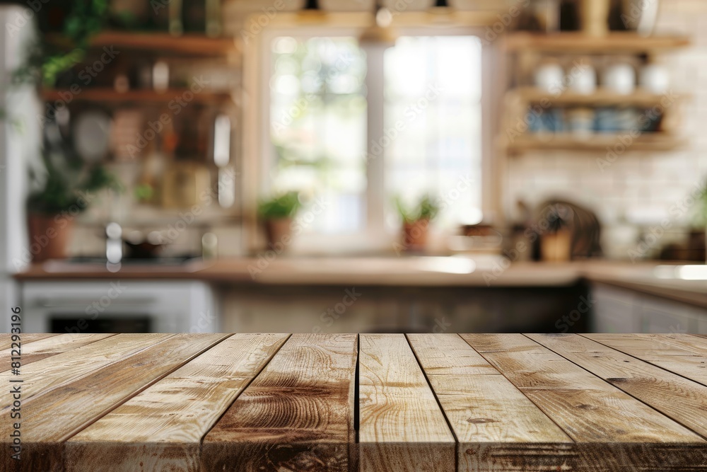 Wood table top on blur kitchen room background .For montage product ...