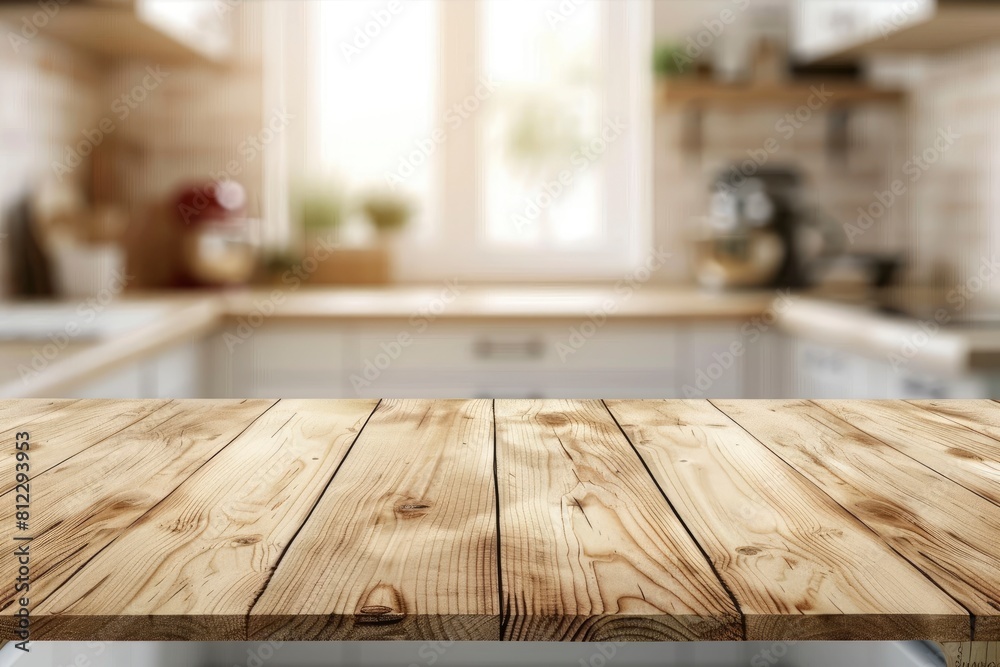 Wood table top on blur kitchen room background .For montage product ...