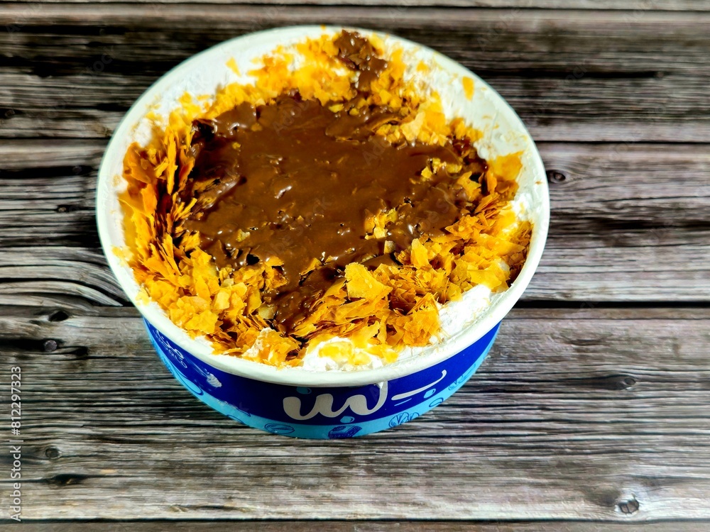 Cairo, Egypt, April 16 2024: Sweet Koshary from B.Laban made of layers ...