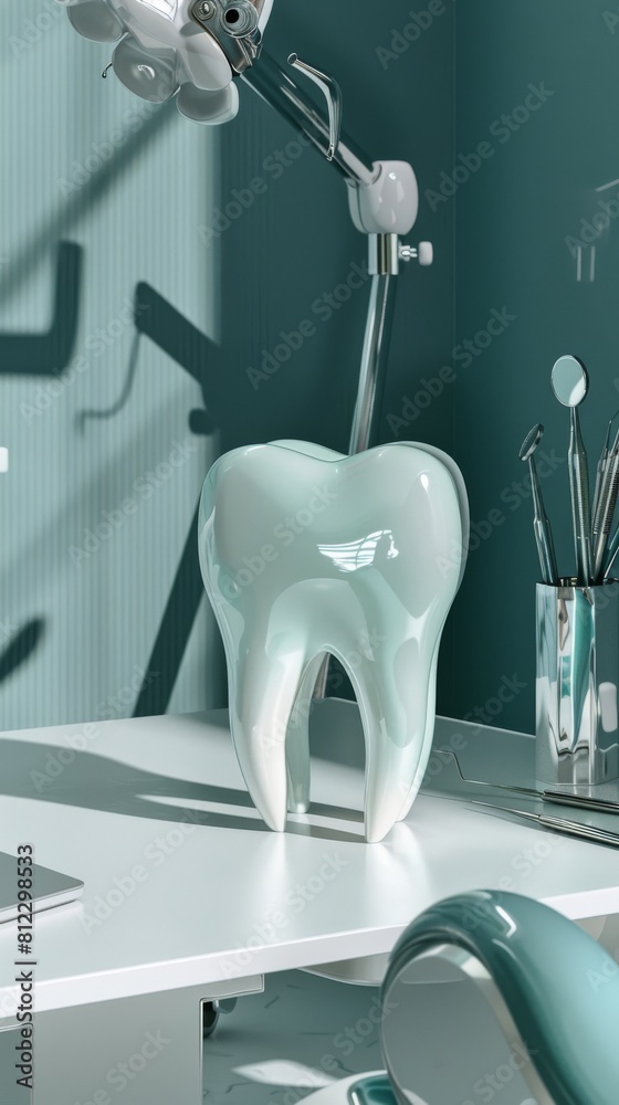 3D tooth model alongside various dental tools on a sterilized clinic ...