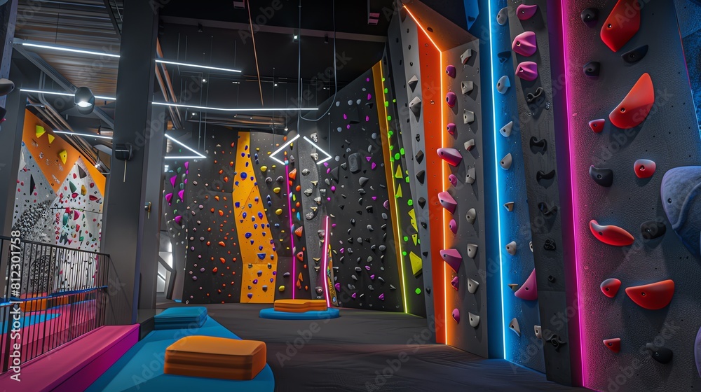 A state-of-the-art rock climbing gym with colorful climbing walls, neon ...