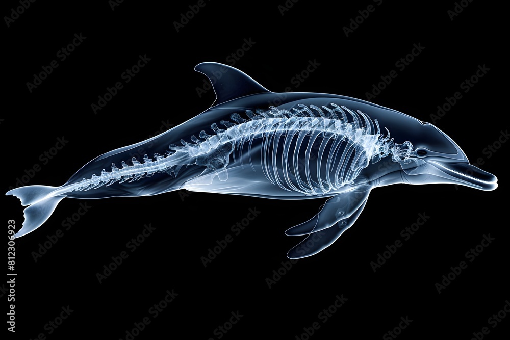 A skeleton of a dolphin is shown in black and white. The skeleton is ...