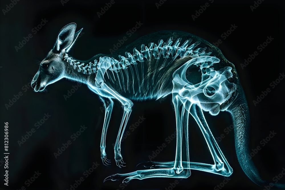A skeleton of a kangaroo is shown in a black and white photo. The ...