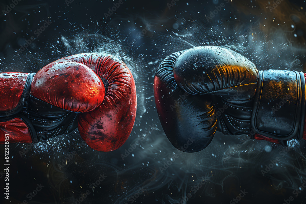 Two boxing gloves clashing in the air, representing competition and ...
