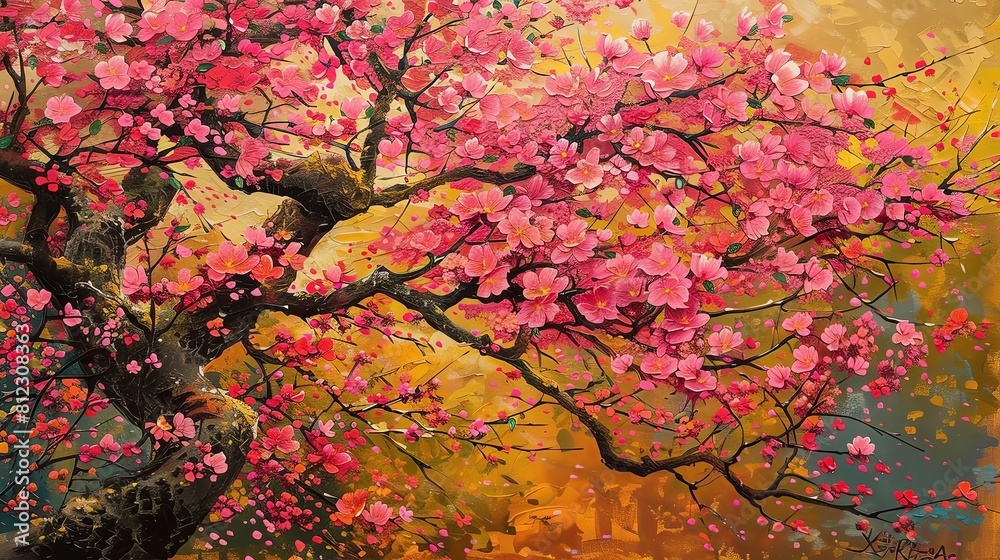 Highresolution oil painting of a Ratchaphruek tree in full bloom ...