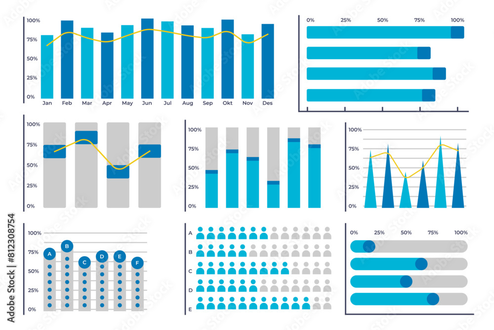Vibrant graph and chart vector icons set for data visualization. Statistical analysis graphs ...