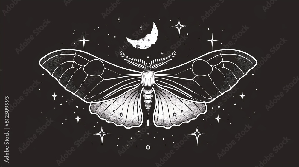 A beautiful line drawing of a Luna moth with a crescent moon above it ...