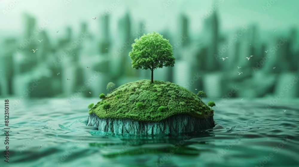 Small green island with a tree in the middle in the middle of the ocean ...