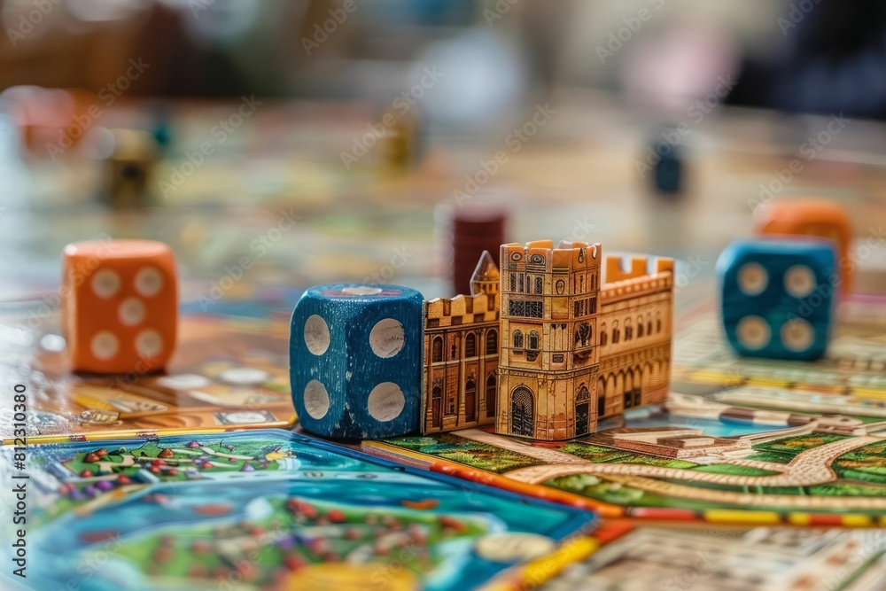 The photo shows a close-up of a colorful board game with blue and red ...