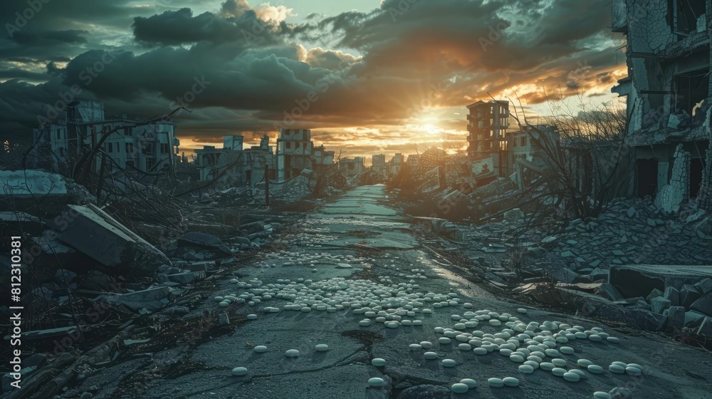 The photo shows a post-apocalyptic city. The city is in ruins. The ...