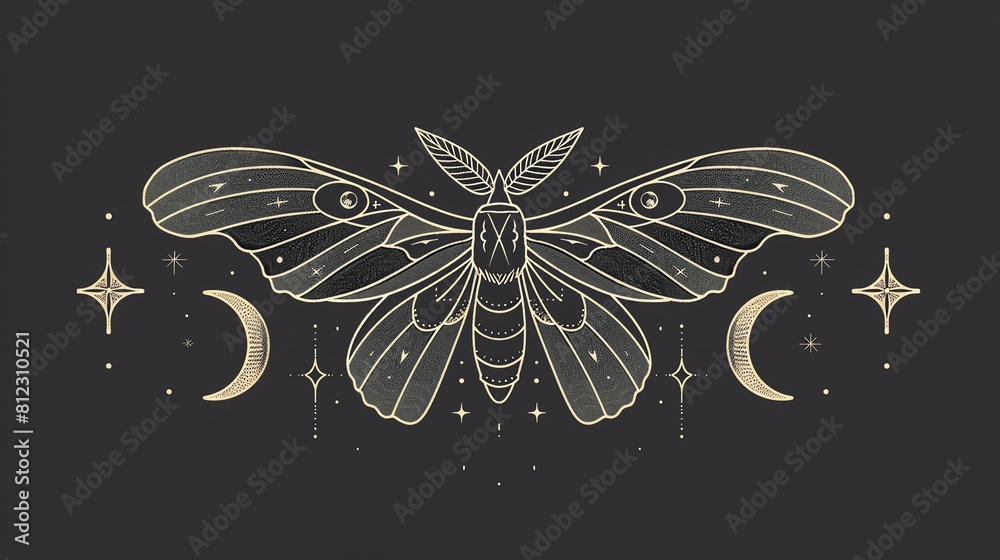 A minimal line drawing of a moth with crescent moons and stars. The ...