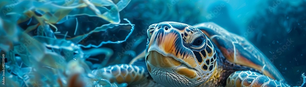 A closeup of a sea turtles flipper, tightly wrapped in thin plastic ...