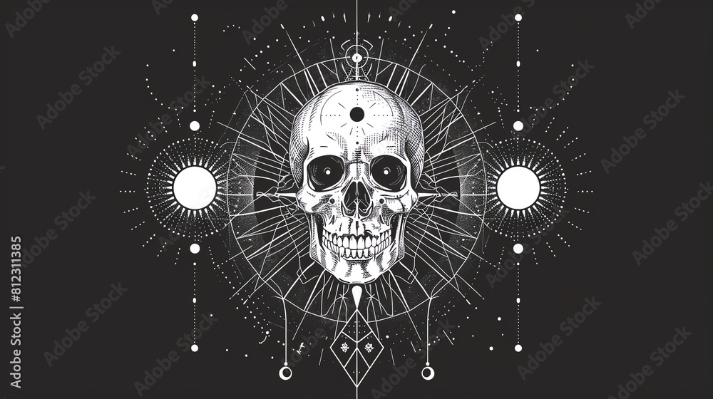 A skull with a third eye in the center of the forehead is surrounded by ...