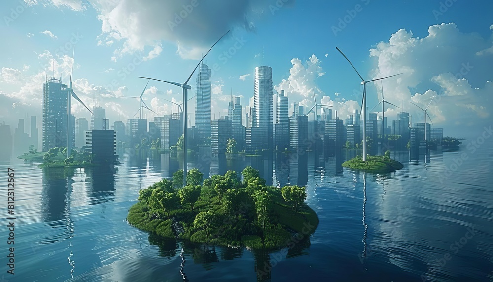 Illustrate a modern city powered entirely by renewable energy sources, featuring solar panels ...
