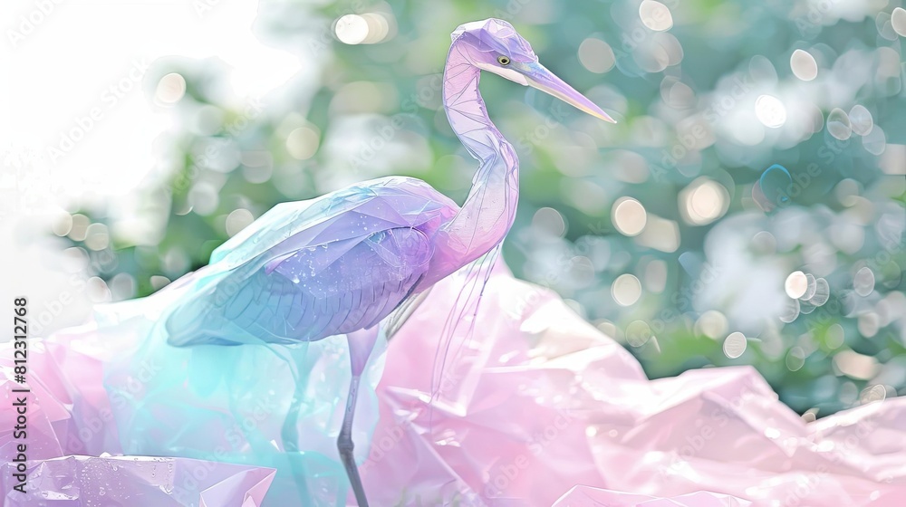 A heron with its feet tangled in a thin plastic film, standing ...