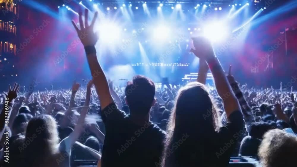 Rear back view of audience crowd people fans raising hands enjoying ...