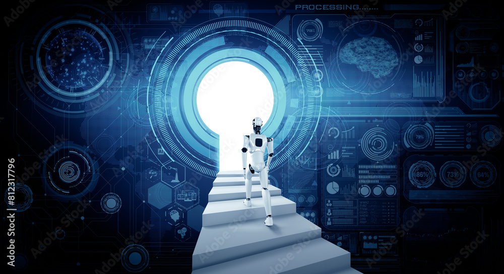 MLP 3d illustration robot humanoid walk up stair to success and goals ...